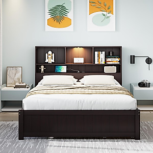 Merax Full Size Wood Platform Bed with Bookcase Headboard, Built-in Downlight, Charging Station, and 2 Side Drawers, Expresso