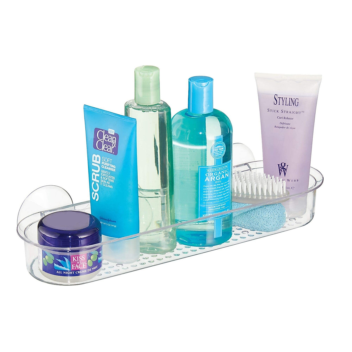 iDesign Plastic Bathroom Suction Holder, Shower Organizer Shelf Basket for Sponges, Scrubbers, Soap, Shampoo, Conditioner, 15" x 4.5" x 2" - Clear