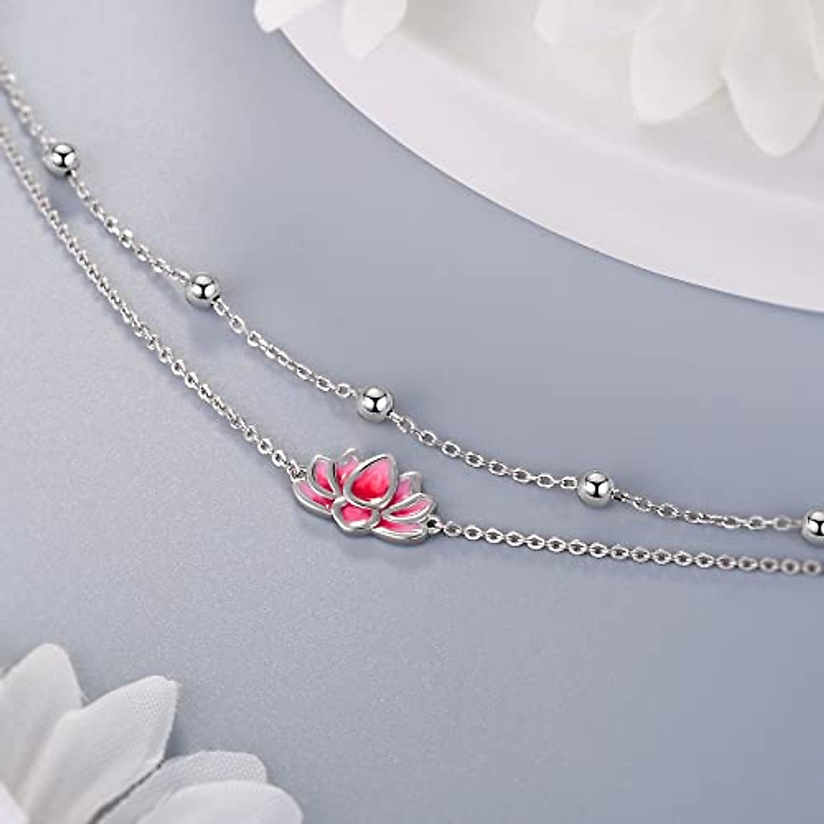 LINGBG JEWELRY Anklet Bracelets for Women 925 Sterling Silver Lotus Flower Yoga Anklet for Women Waterproof Layered Beads Anklet Adjustable Chain Anklet Leg Foot Bracelet for Lady Hotwife