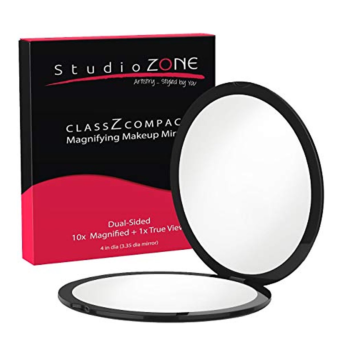 StudioZONE Best Compact Mirror - 10X Magnifying Makeup Mirror - Perfect for Purses - Travel - 2-Sided with 10X Magnifying Mirror and 1x Mirror - ClassZ Compact Mirror - 4 Inch Diameter