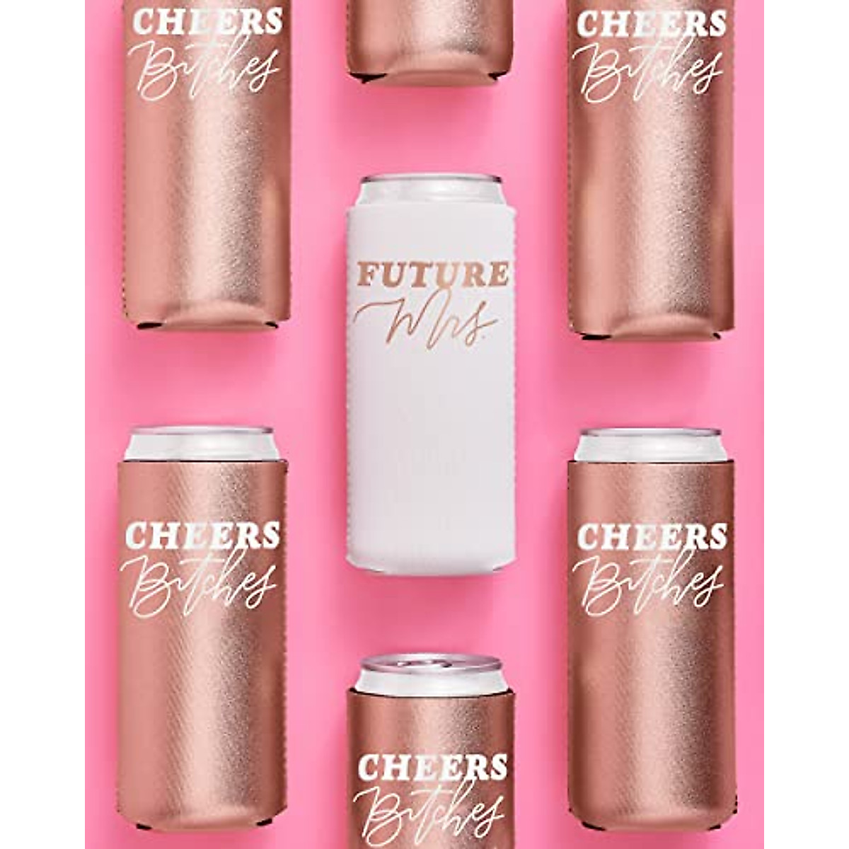 xo, Fetti Bachelorette Party Cheers and Future Mrs Slim Can Cooler - White + Rose Gold, 10 Ct | Drink Sleeve, Bridal Shower Can Holder, Engagement Party Decoration and Bride to Be Gift