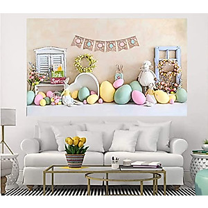 Spring Easter Wood Door Photography Background Flower Bunny Egg Kid Birthday Party Portrait Decor Backdrop Photo Studio Vinyl (5ft×3ft)