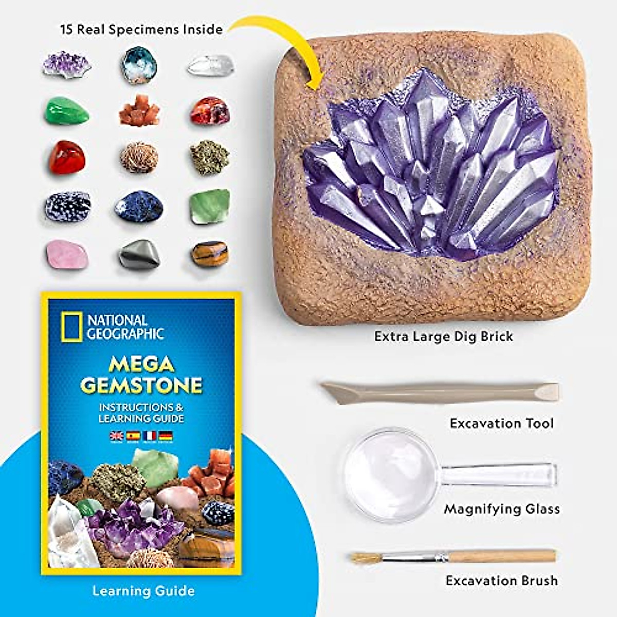 NATIONAL GEOGRAPHIC Mega Gemstone Dig Kit – Dig Up 15 Real Gemstones and Crystals, Science Kit for Kids, Gem Digging Kit, Gift for Girls and Boys, Mining Kit, Rock Collection (Amazon Exclusive)