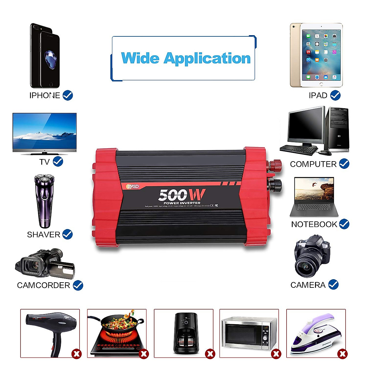 BYGD 500W Power Inverter, Car Power Inverter DC 12V to 110V AC Car Inverter Converter 4 USB Quick Charging Ports and Dual AC Outlets Car Charger Adpater with Cigarette Lighter Cable and Battery Clamps