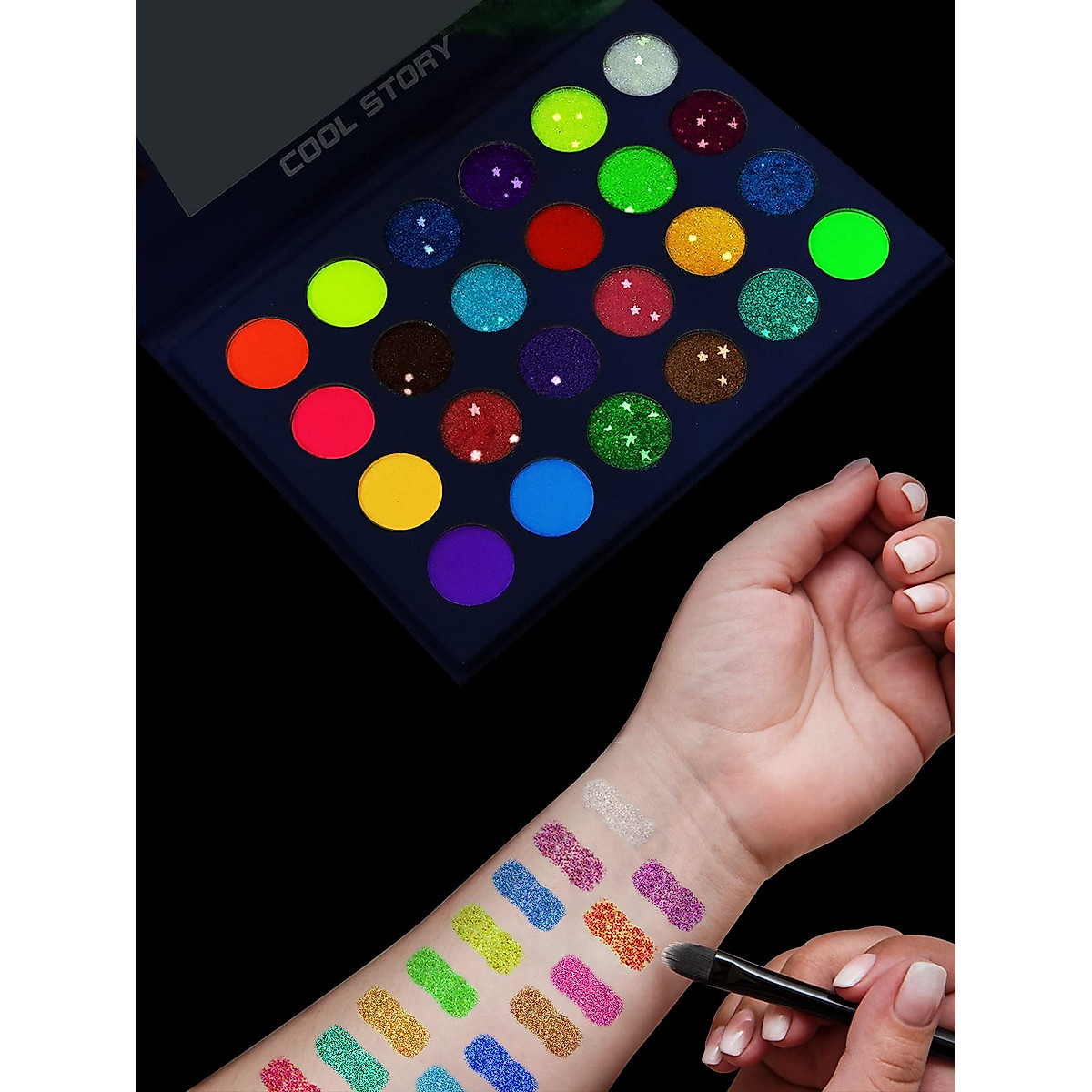 Kalolary 24 Colors Glow in the Dark Makeup Eyeshadow Face Paint Palette, Highly Pigmented Neon Eyeshadow Palette Matte and Glitter UV Glow Blacklight Party Make up