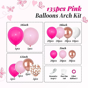 135pcs Pink Balloon Arch Garland Kit with Different Sizes Hot Pink Light Pink Metallic Rose Gold Balloons for Birthday Princess Baby Shower Bridal Shower Bachelorette Party Decorations