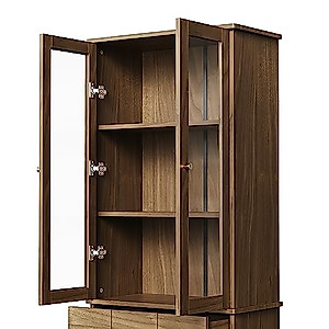 Display Cabinet with Glass Doors and Adjustable Shelves,3-Tier Home Office Bookshelf with Storage Drawers, Freestanding Storage Cabinet for Office Bedroom Dining Living Room（Natural Wood）