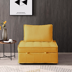 LIADTOP Pull Out Sofa, Small Tufted Velvet Convertible Couch, Easy to Assembly Faux Leather Single Bed with Removeable Backrest for Living Room Apartment (Yellow+Fabric)