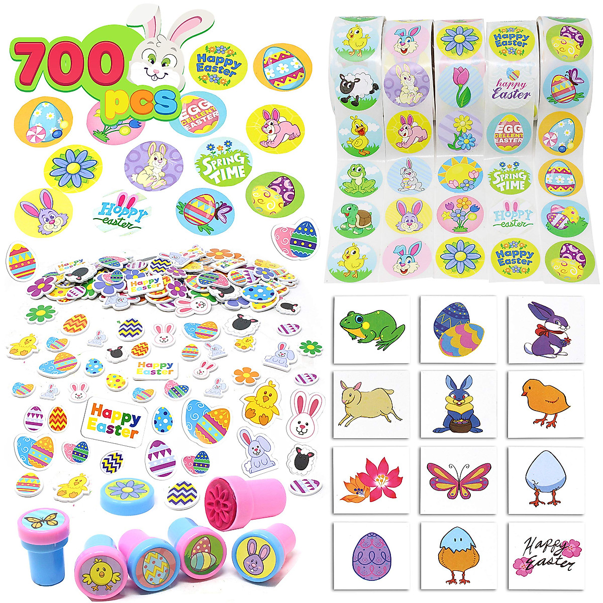 JOYIN Easter Crafts Assortment Kit with 500 Easter Stickers, 144 Easter Shapes Adhesive, 60 Easter Theme Temporary Tattoos and 6 Easter Stampers (over 700 Pcs) for Easter Egg Basket Stuffers Fillers
