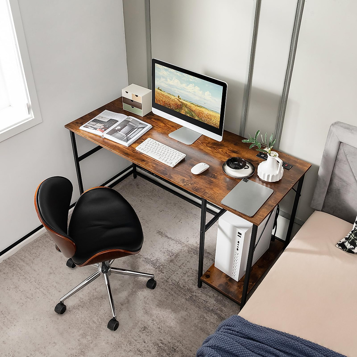 Tangkula 55 Inch Computer Desk with 4 Power Outlets & 2 USB Ports, Home Office Desk with Built in Charging Station with Switch, Computer Workstation Writing Study Desk with Storage Shelf & CPU Stand