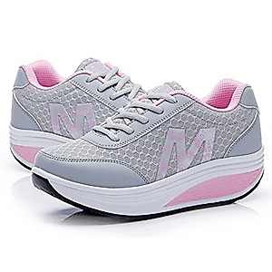 CN-Porter Ladies Soft Rocker Shoes Womens Mesh Sports Tennis Shoes Lace Up Wedges Platform Shoes Lightweight Fitness Walking Shoes Grey, 7