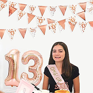 40Ft Rose Gold 13th Birthday Decorations Happy 13th Birthday Banner Bunting Triangle Flag Pennant Garland for Teen Girls 13 Year Old Happy Birthday Decor Thirteen Official Teenager Party Supplies