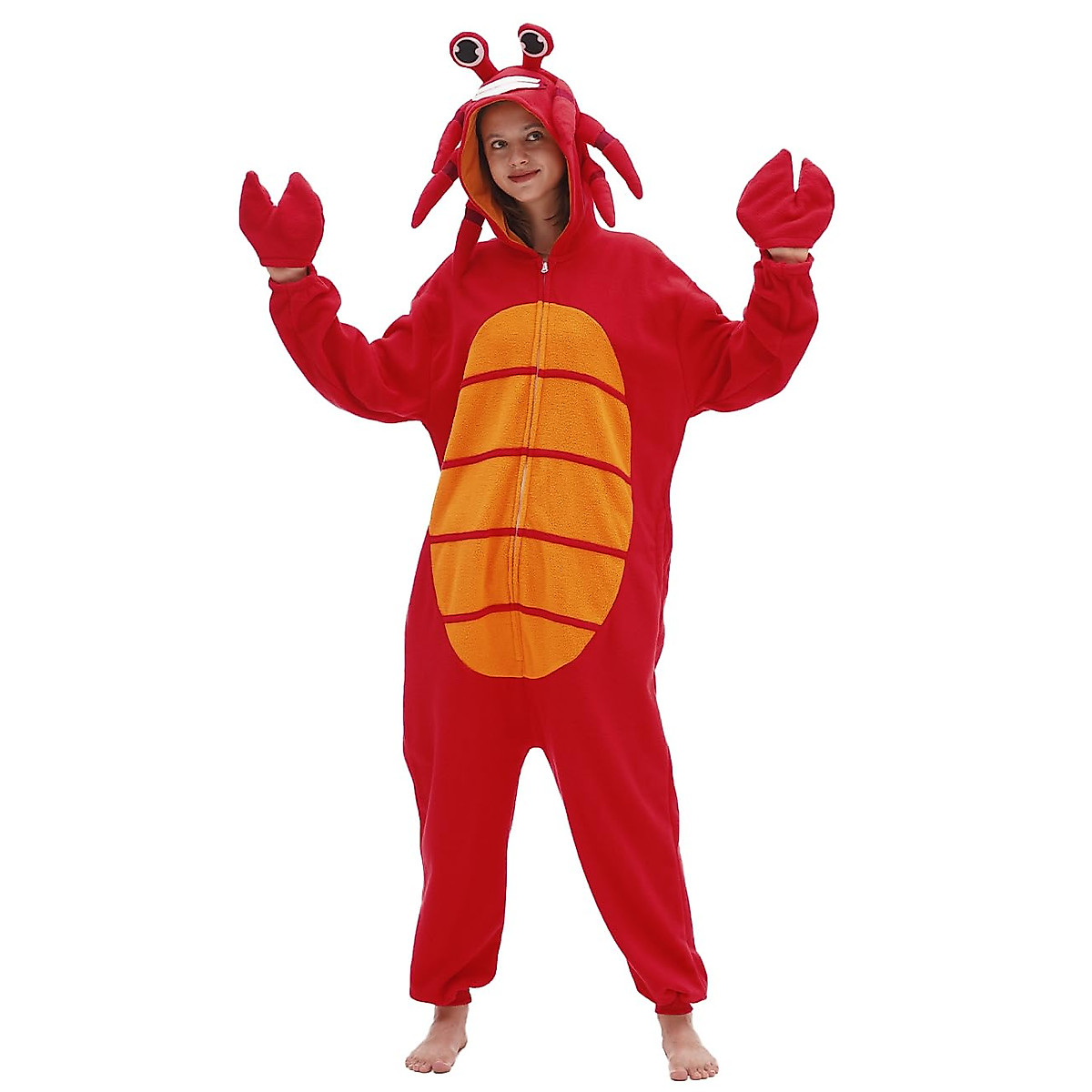 Crab Onesie Adult Red Crab Pajamas Animal Pajamas Halloween Cosplay Costume Polar Fleece Sleepwear Homewear
