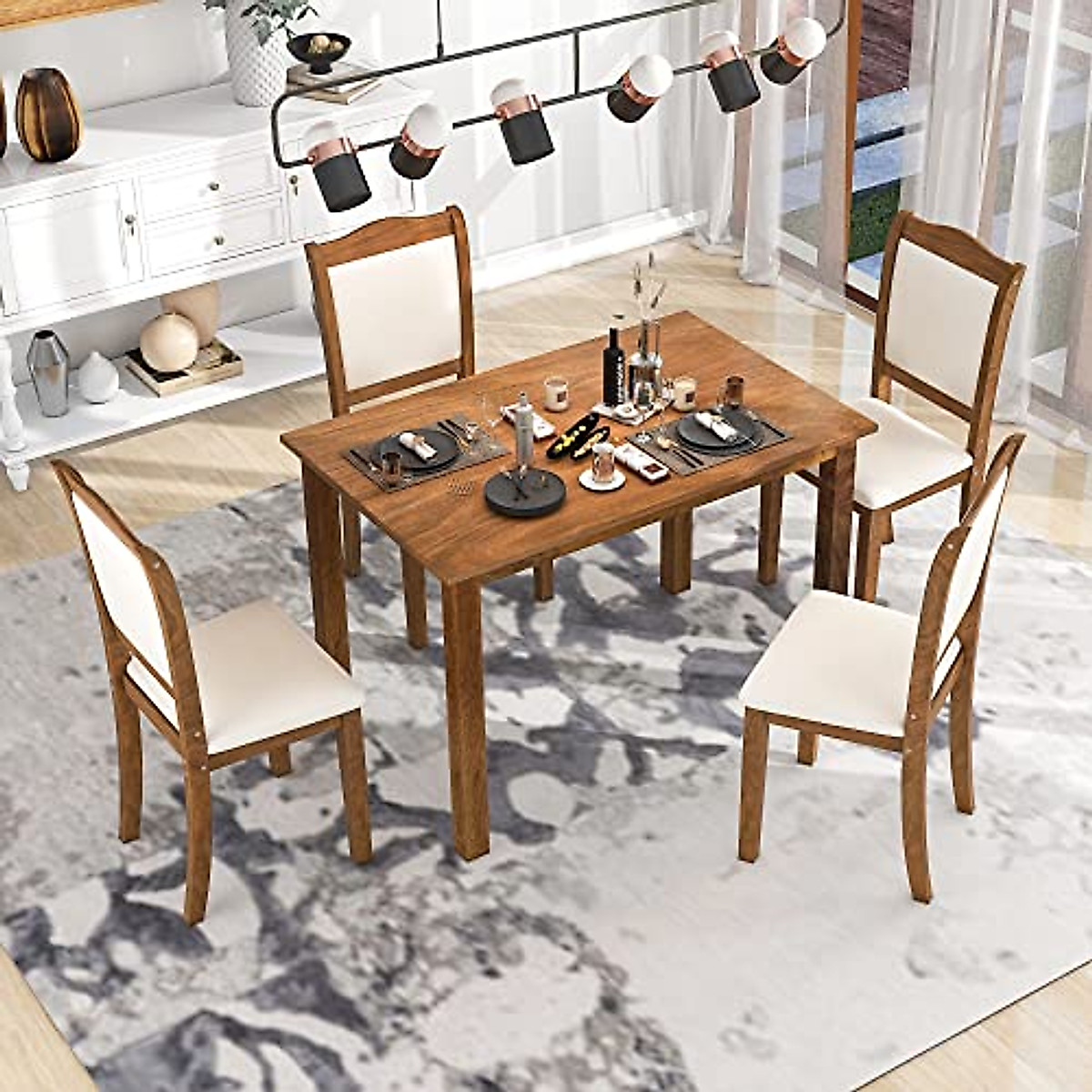 Origeture Dining Table Set for 4 Small Spaces, Solid Wood Dining Set with 4 Chairs, 5 Piece Kitchen Table Set for Apartment, Rectangle Breakfast Table and Chairs (Dining Table Set for 4, Walnut)