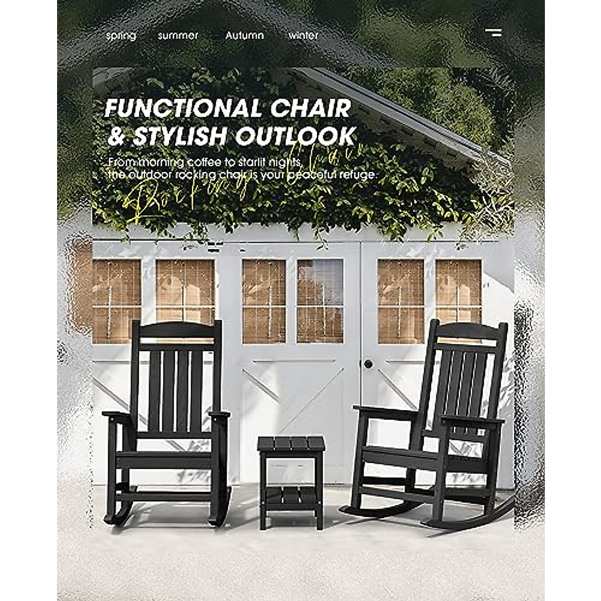 KINGYES Outdoor Rocking Chair Set of 2, High Density Polyethylene Patio Rocking Chairs with 330lbs Support for Adults, Black