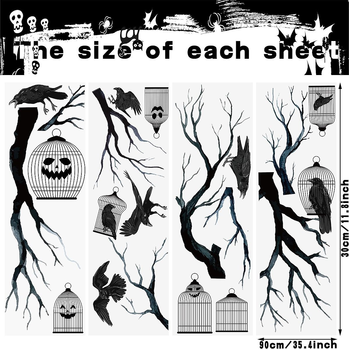 Seajan 4 Sheets Halloween Wall Decals Halloween Black Wall Stickers Black Tree Crow Cage Wall Decals Large Halloween Wall Decals Halloween Home Decor DIY Art for Wall Window Door (Birdcage, Crow)
