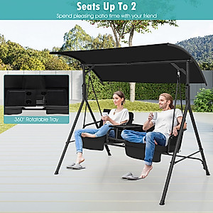 Happygrill 2 Person Porch Swing with Canopy, Outdoor Patio Swing with Center Tray & 6 Gal Cooler Bag, 2 Back Cushions & 2 Seat Cushions Included