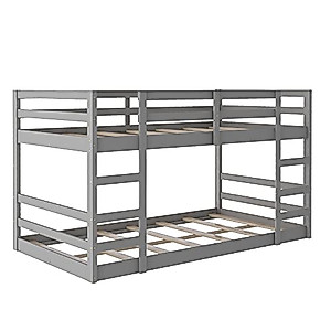 MERITLINE Wood Bunk Bed Twin Over Twin Bunk Beds for Boys and Girls, Simple Floor Twin Bunk Bed Frame with 2 Slats Sets and 2 Ladders, No Bunkie Board Needed