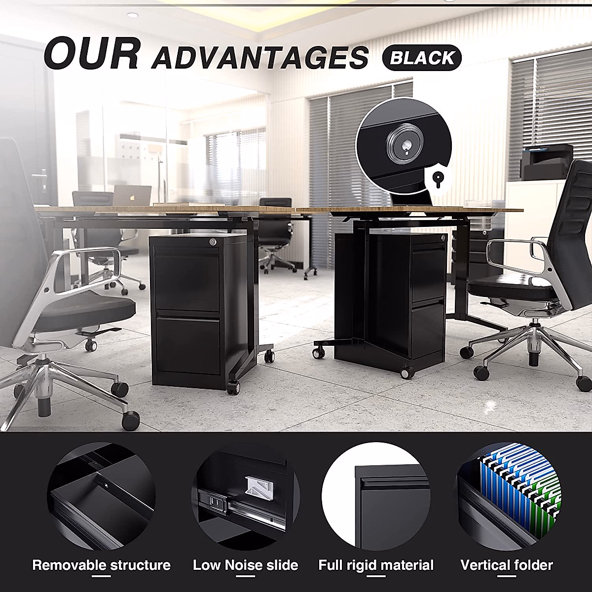 GangMei 2 Drawer Metal Vertical File Cabinet with Lock, Narrow Filing Cabinet with Hanging Letter/Legal/A4 Folders for Home, Office, Assembly Required, Black, 2 Drawers