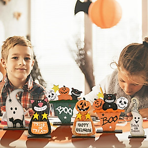SY Super Bang Wooden Halloween Table Top Decorations - 6PCS Retro Halloween Decor Including Black Cat/Pumpkin Monster/Ghost/Skull Crafts, for Home Farmhouse Holiday Indoor, Rustic