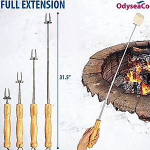 Extendable Smores Sticks - Marshmallow Roasting Sticks, Skewers for Marshmallows, Hot Dog Sticks for Campfire - Oak Wood & Retracting Stainless Steel Camping & Glamping Accessories for Fire Pit