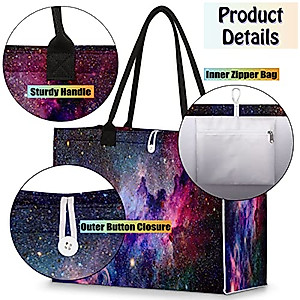 cfpolar Reusable Grocery Shopping Bag with Hard Bottom, Galaxy Star Nebula Large Foldable Multipurpose Heavy Duty Tote with Zipper Pockets, Stands Upright, Durable and Eco Friendly, Beach Bag