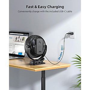 Koonie 10000mAh Clip on Fan Rechargeable, 8-Inch Battery Operated Desk Fan, USB Fan with 4 Speeds, Strong Airflow Sturdy Clamp for Golf Cart Office Desk Outdoor Travel Camping Tent Gym Treadmill,Black