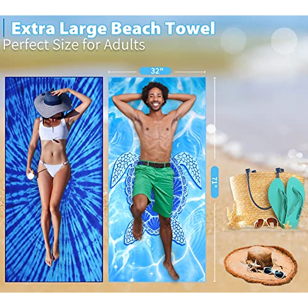 2 Pack Lightweight Thin Beach Towel Oversized 71"x32" Big Extra Large Microfiber Sand Free Towels for Adult Quick Dry Travel Camping Beach Accessories Vacation Essential Gift Blue Tie Dye Turtle