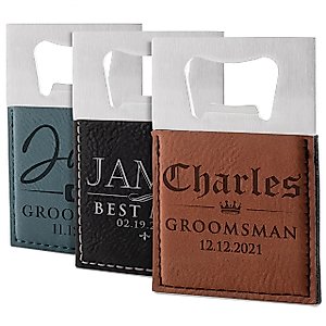 Set of 5 - Groomsmen Gifts for Wedding - Personalized Laser Engraved Bottle Openers for Groomsman, Best Man & Father of Groom - 8 Designs & 3 Colors - Bachelor Party Favors
