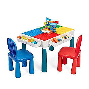 Sandinrayli 7-in-1 Kid Activity Table Set w/2 Chairs & 72Pcs Large Size Blocks, Compatible with Classic Blocks, Water/Sand Table, Building Block Table for Toddler (Primary)