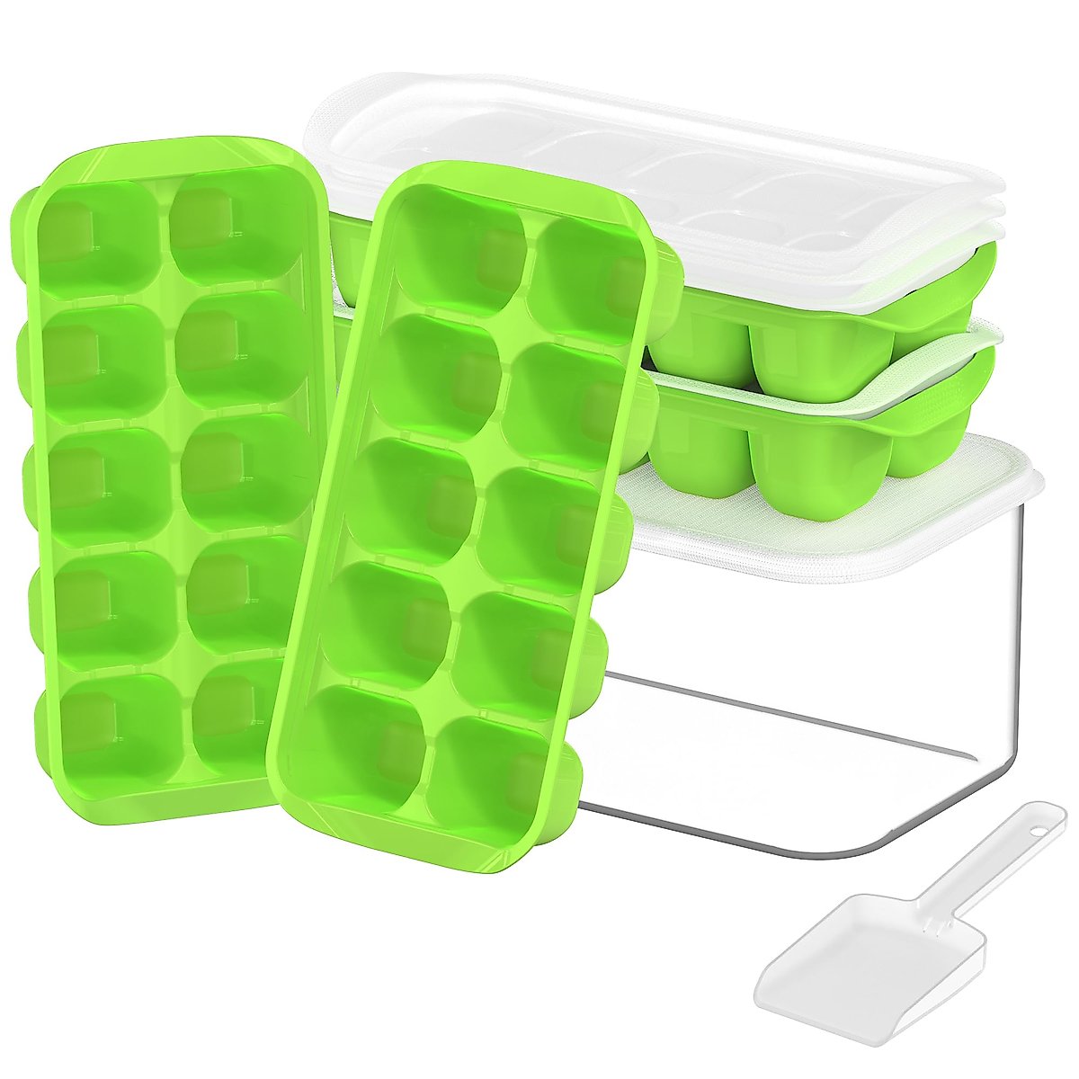DOQAUS Ice Cube Tray with Lid and Bin, 4 Pack Ice Trays for Freezer, Easy Ice Pop Out Silicone Ice Cube Trays for Freezer with Cover, Stackable Storage Compact Ice Bucket Kits for Popsicles
