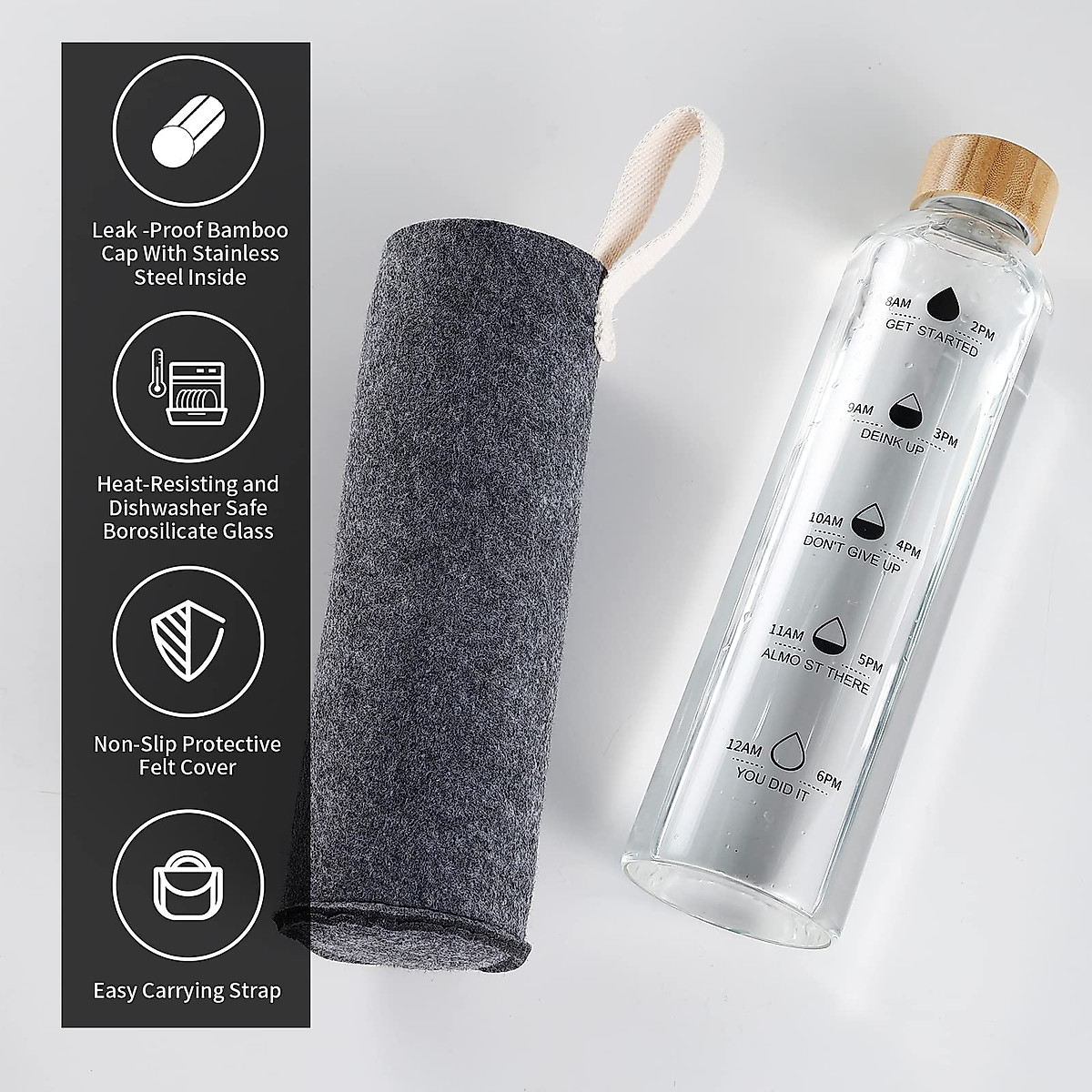 ZEBEIYU 32oz Glass Water Bottle,Borosilicate Glass Drinking Bottles with Time Marker,Bamboo lids,Felt Sleeve,Dishwasher Safe,Reusable,Leak-Proof,BPA Free for Office,Sports,Gym,Travel (Pack1)