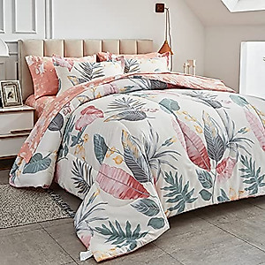 AIKASY Pink Queen Comforter Set with Sheets,Bed in a Bag 7-Pieces,Palm Tree Totem Printing Design,Ultra Soft Down Alternative All Season Bedding Set(Queen, Pink)
