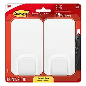 Command 15 Lb XL Heavyweight Wall Hook, Damage Free Hanging Wall Hook with Adhesive Strips, Heavy Duty Single Wall Hook for Hanging Back to School Organizers, 2 White Hooks and 8 Command Strips
