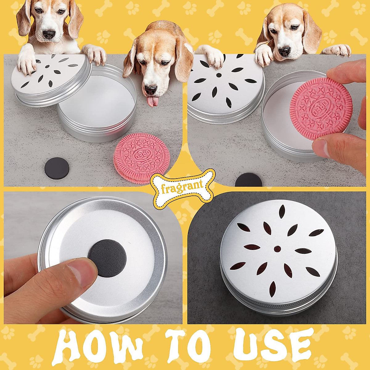 VAIPI 20 Pack Dog Scent Work Tins Dog Nose Training Containers Kit with 50 Magnetic Dots 2 OZ Aluminum Smell Training Box with Hollow Lids Round Refrigerator Deodorant Box with Screw Lid