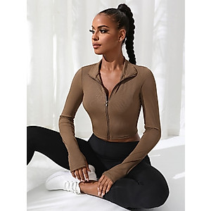SweatyRocks Women's Long Sleeve Stand Collar Zip Up Crop Top Stretchy Sports Jacket Activewear Coffee Brown L