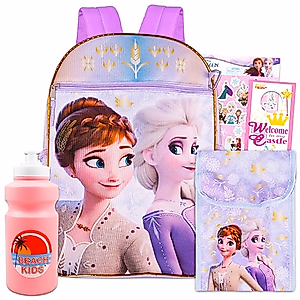 Disney Frozen Backpack and Lunch Box Set for Girls ~ 5 Pc Bundle with Deluxe 16" Frozen School Bag, Lunch Bag, Water Bottle, Stickers, and More (Frozen School Supplies)