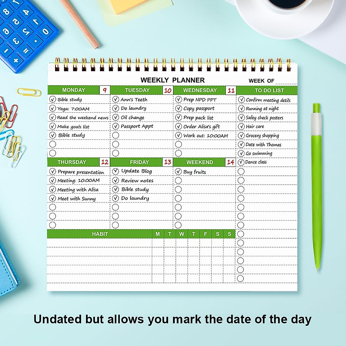Spiral Weekly Planner with Habit Trackers, 8.7" X 9.5", 2 Pack Weekly To Do List Notepad with Calendar, 52 Sheets Tear Off Note Pad, Work and Personal Organizer
