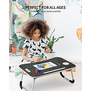 FISYOD Foldable Laptop Table, Portable Lap Desk Bed Table Tray, Laptop Stand with Cup Holder & Tablet Slot & Lifting Handle for Working Writing Drawing & Eating (Black)