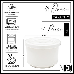 Vikko Soup Crocks With Lids, 10 Ounce Modern White Soup Bowl with Cover, Set of 4 Soup Dishes, Dishwash Safe