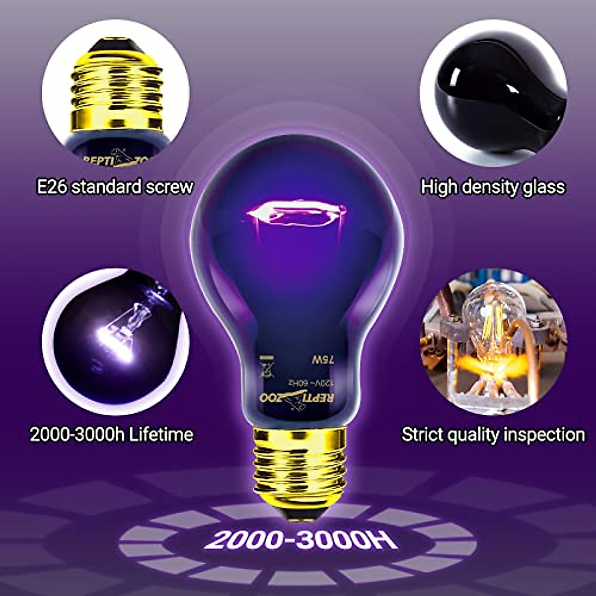 REPTI ZOO 2 Pack Reptile Heat Lamp, 75W Infrared Heat Lamp Simulate Natural Moonlight, Purple Reptile Night Heat Bulb Heat Emitter for Reptile Pets Heating Night Use