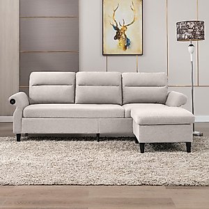 Mjkone 86" Convertible Sectional Sofa Couch, 3 Seat Sofas with 2 USB Ports and Adjustable Armrest, L Shaped Couch with Reversible Chaise, Couches for Living Room Apartment Office - Beige