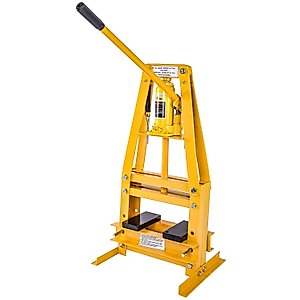 JEGS Hydraulic Shop Press | Steel With Yellow Finish | 6-Ton | Bench Top Mount | Up To 4 1/4-Inch Working Range | Includes 2 Press Plates | Lever-Action