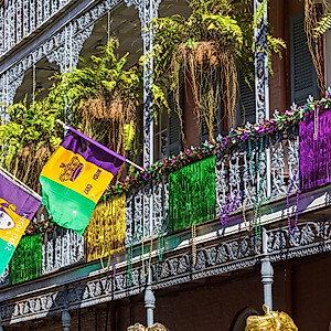 URATOT 2 Pack 29 x 106 Inches Mardi Gras Metallic Fringe Table Skirt Mardi Gras Decorations for Party Gold Green Purple Foil Fringe Table Skirt