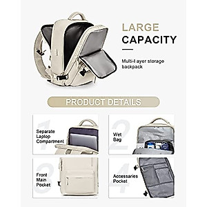 VECAVE Large Carry On Backpack for Women,Airline Approved Travel Backpack Flight Approved,Waterproof 15.6 Inch Laptop Backpack with Shoe Compartment Casual Daypack Backpacks Beige