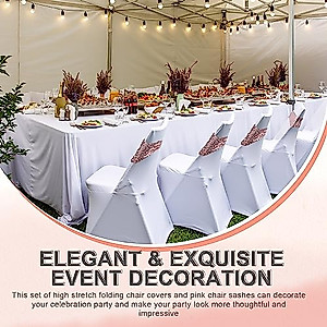 Windyun 50 Pcs Stretch Folding Chair Cover and Sequin Chair Sashes Universal Spandex Chair Slipcovers Double Sided Sequin Bows Washable Chair Protector for Wedding Birthday Banquet (White, Rose Gold)
