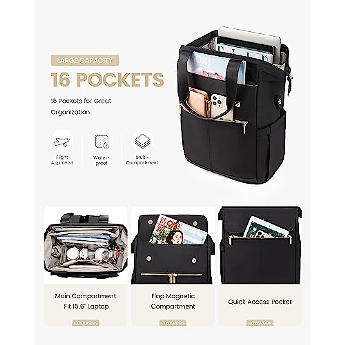 LOVEVOOK Laptop Backpack for Women Men, 15.6 Inch Work Backpacks Purse with USB Port, Waterproof Nurse Teacher Bag, Wide Open Business Travel Computer Backpack, Convertible College Tote Daypack