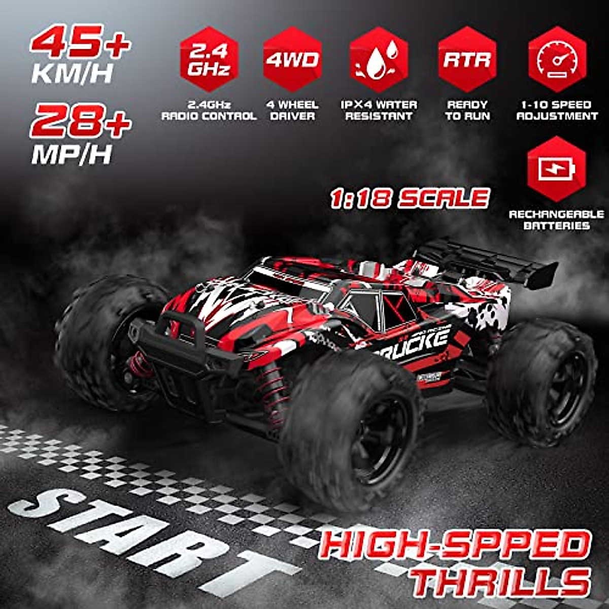 RÄDER DRÜCKE RC Cars-1:18 Scale 45+KM/H High Speed RC Car Hobby Grade Remote Control Car 4x4 Off Road Monster Car, All Terrain Waterproof Toys for Kids Adults with 2 Rechargeable Batteries