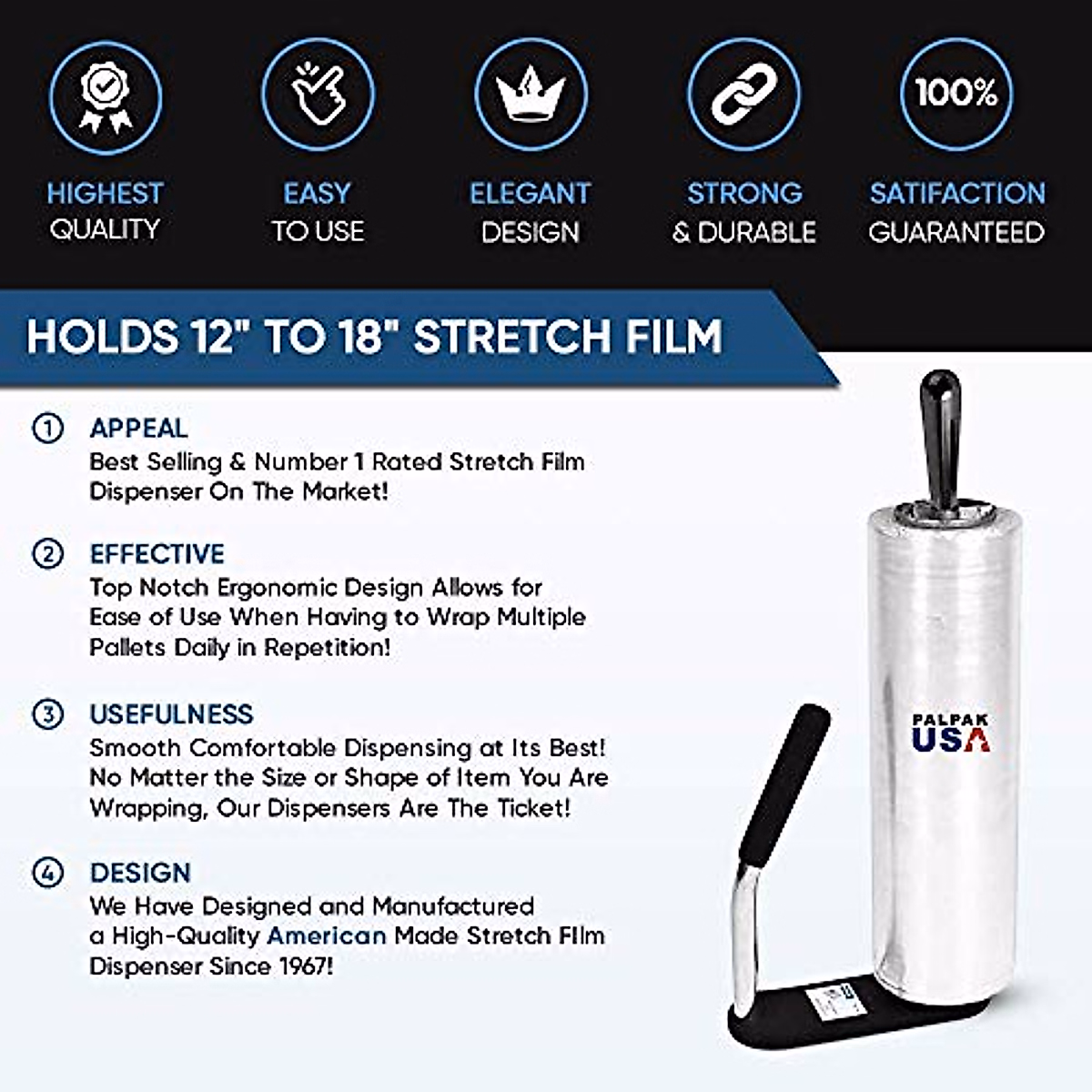 Made in USA! Industrial Strength Stretch Film Dispenser - Palpak200 Light Weight Pallet Wrapper – Tension Knob Adjustment Wrap Handle (1 Pack)