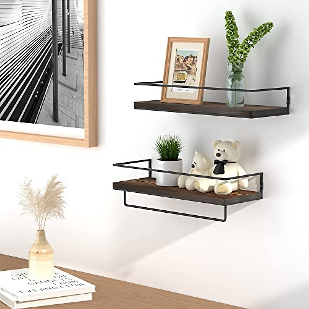 ZGO Floating Shelves for Wall Set of 2, Wall Mounted Storage Shelves with Metal Frame and Towel Rack for Bathroom, Kitchen, Bedroom